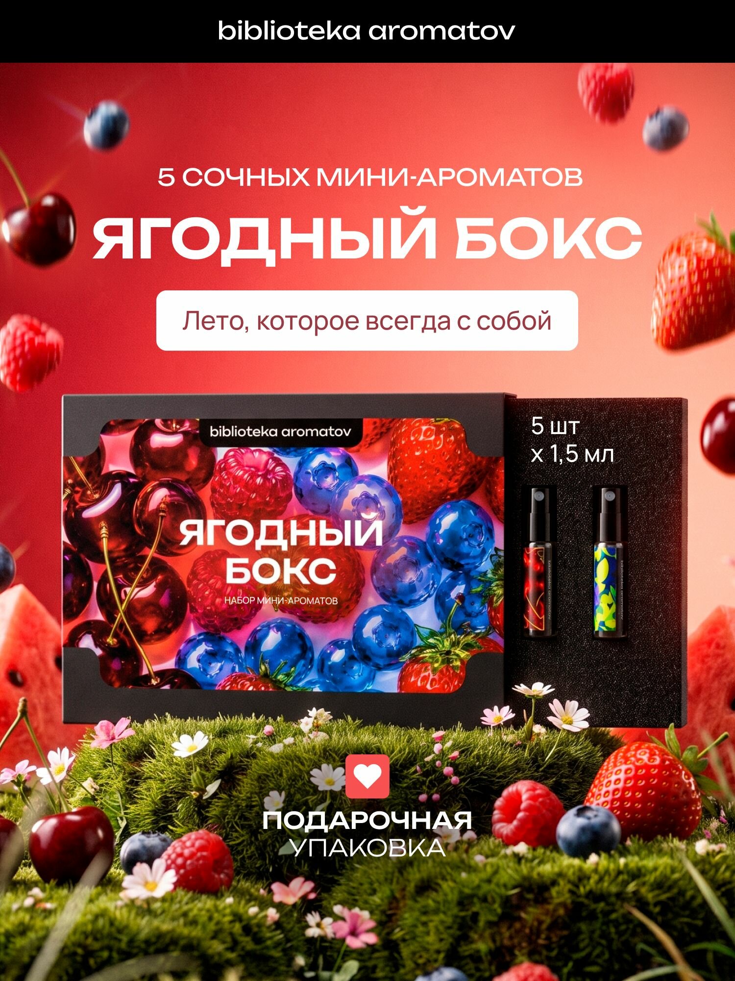Набор духов женские и мужские пробники 5 ароматов "Ягодный бокс", Библиотека ароматов