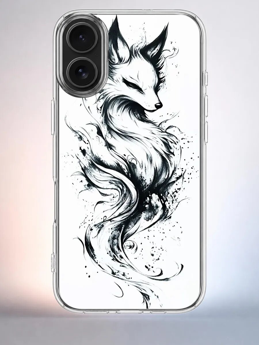 Чехол iPhone 16 лиса тушью силиконовый прозрачный
