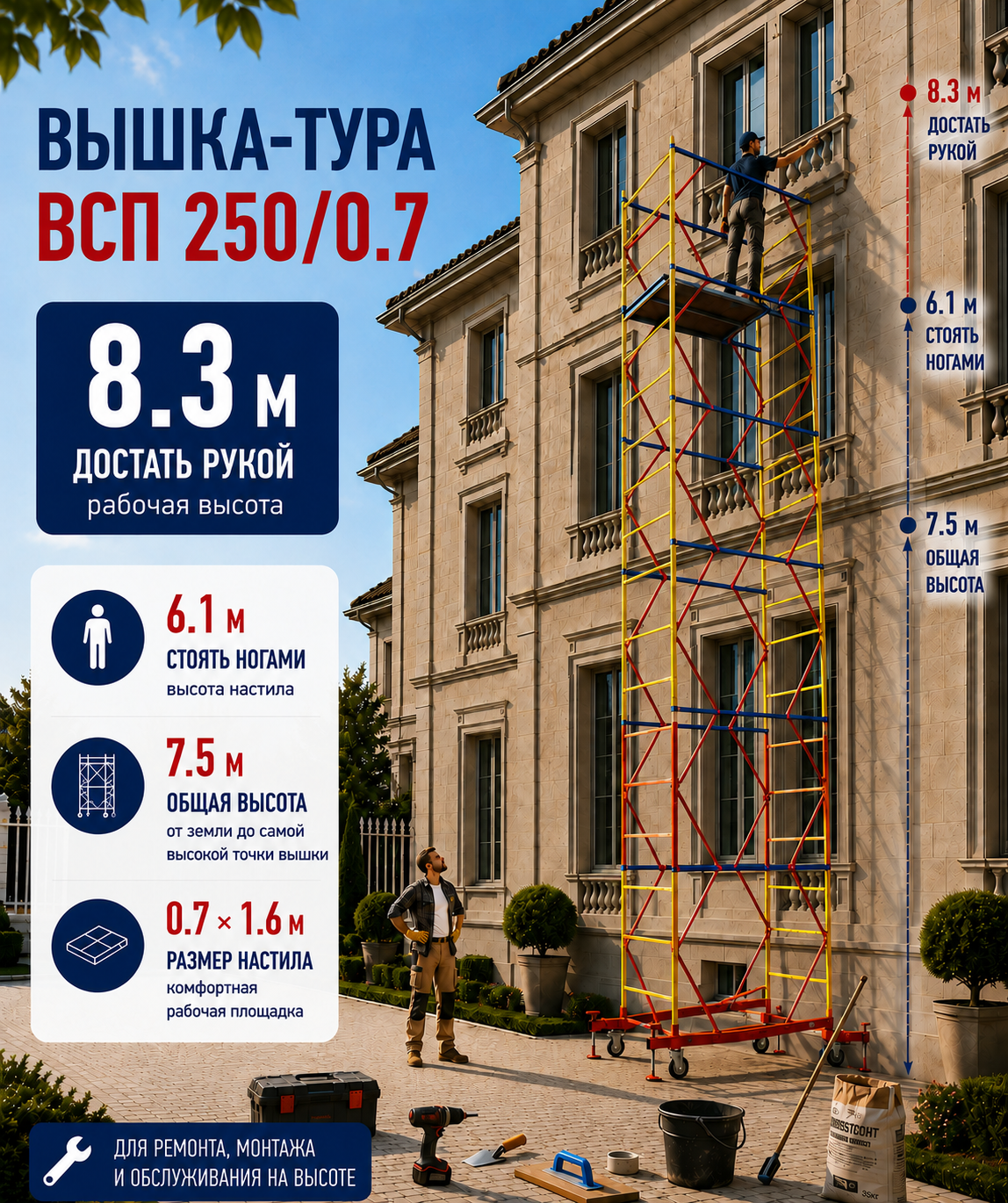 Вышка-тура ВСП - 250/0.7 Высота - 7.5 м, с настилами и колесами