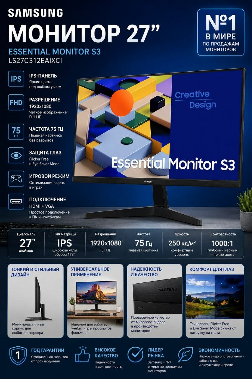 Монитор 27" Samsung LS27C312EAIXCI, 1920x1080, IPS, 75Hz, HDMI+VGA, black