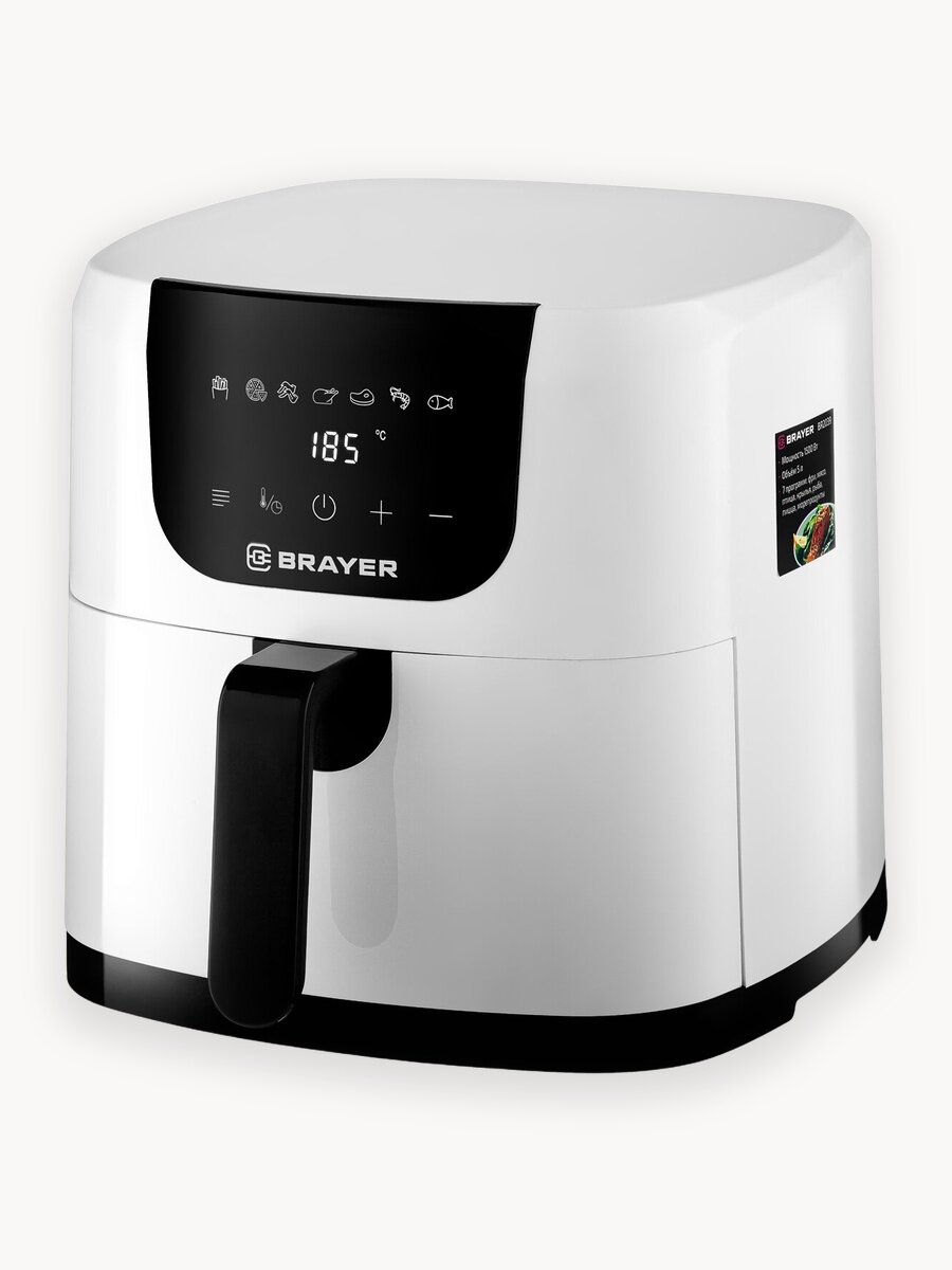 Аэрогриль BRAYER BR2039,1500Вт, 5л, 7 программ, подогрев, LCD-экран, 80–200 °С, таймер, съемная решетка, таймер, белый