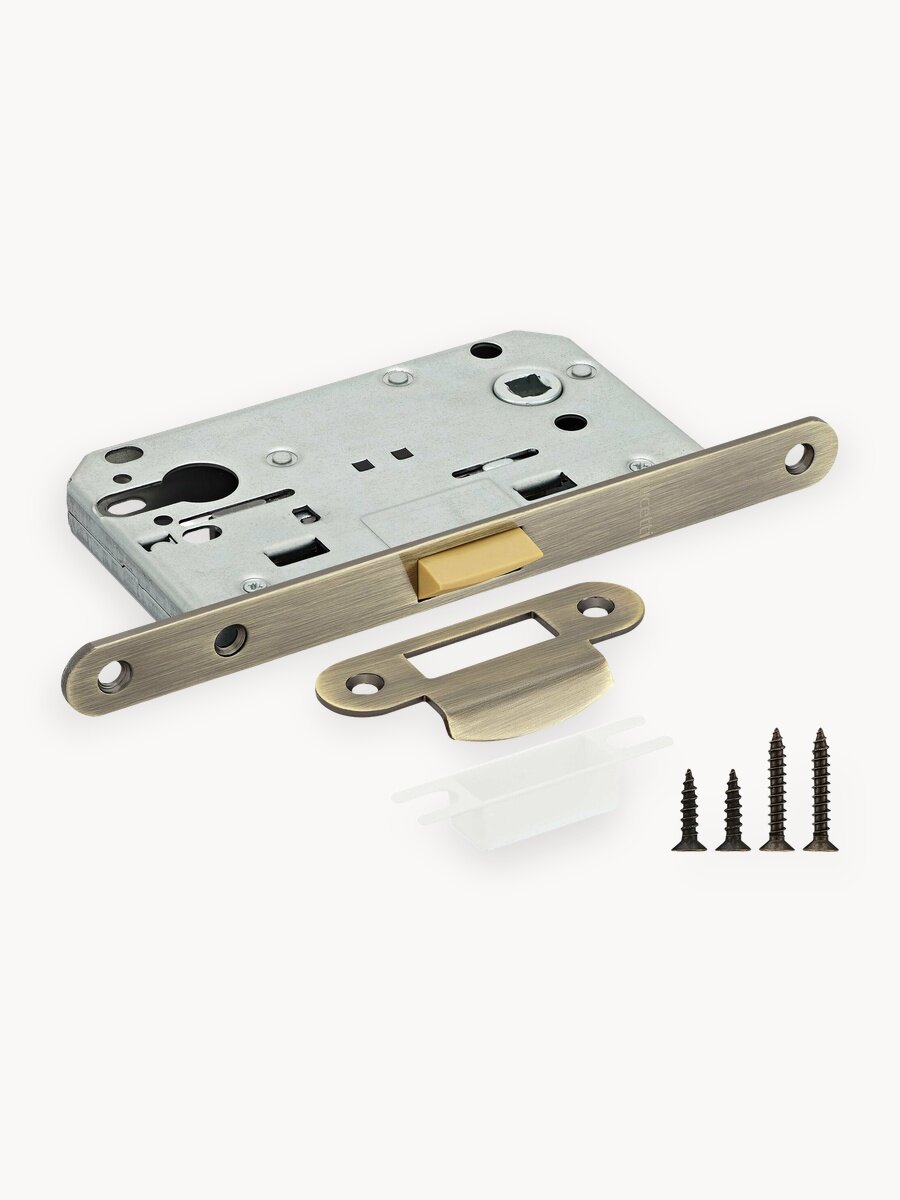 Защелка фиксатор дверная Rucetti, замок для межкомнатных дверей бесшумный, врезной с ответной планкой RP1885 AB, бронза