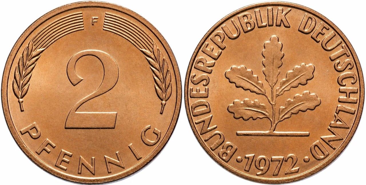 Германия - ФРГ 2 пфеннига, 1972 F Дубовый лист aUNC