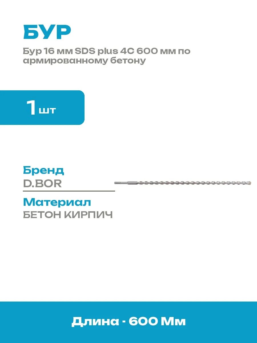 Бур 16х600 мм SDS plus 4 грани для армированного бетона