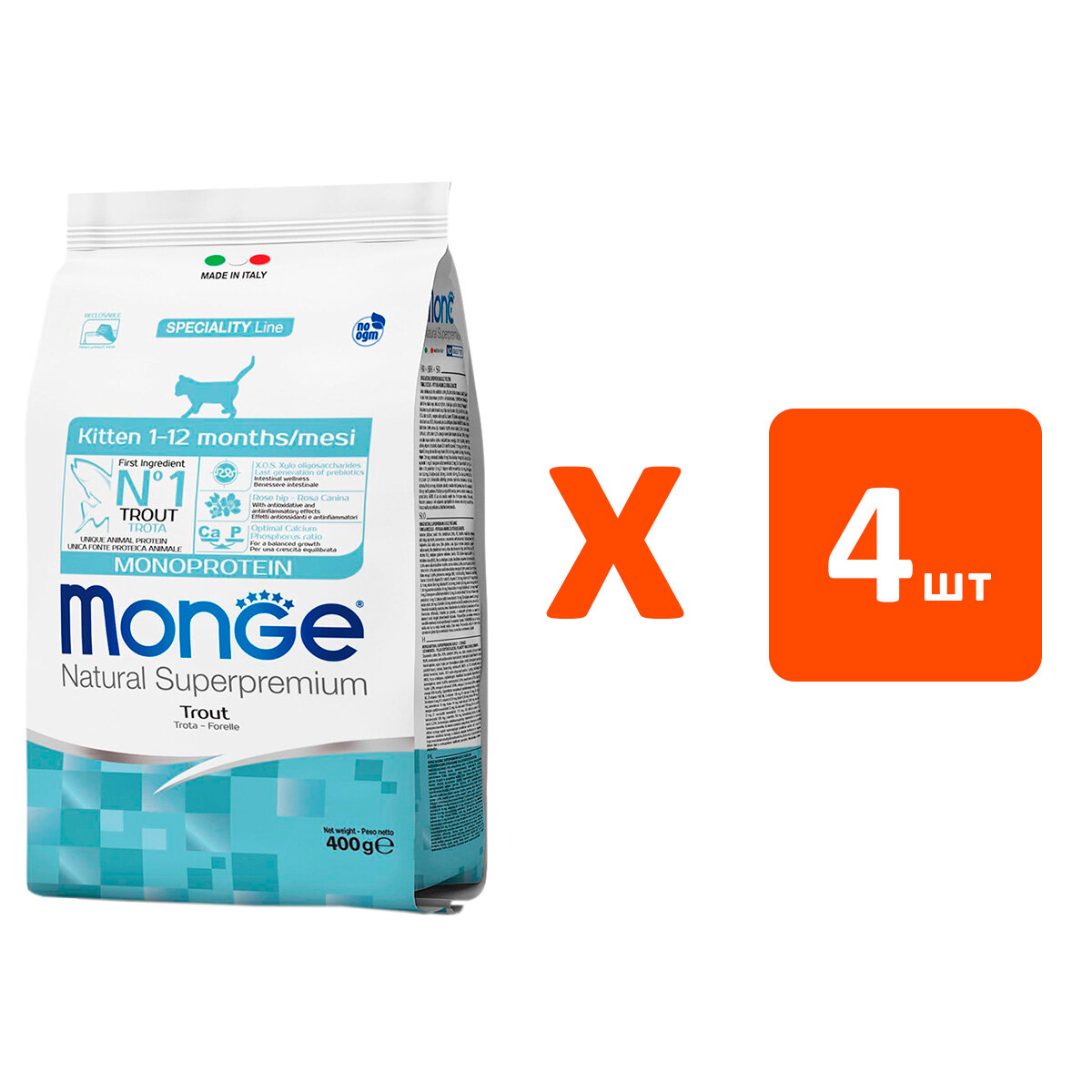 Корм сухой Monge Speciality Monoprotein Kitten Trout монобелковый для котят, форель, 0,4 кг 4 шт