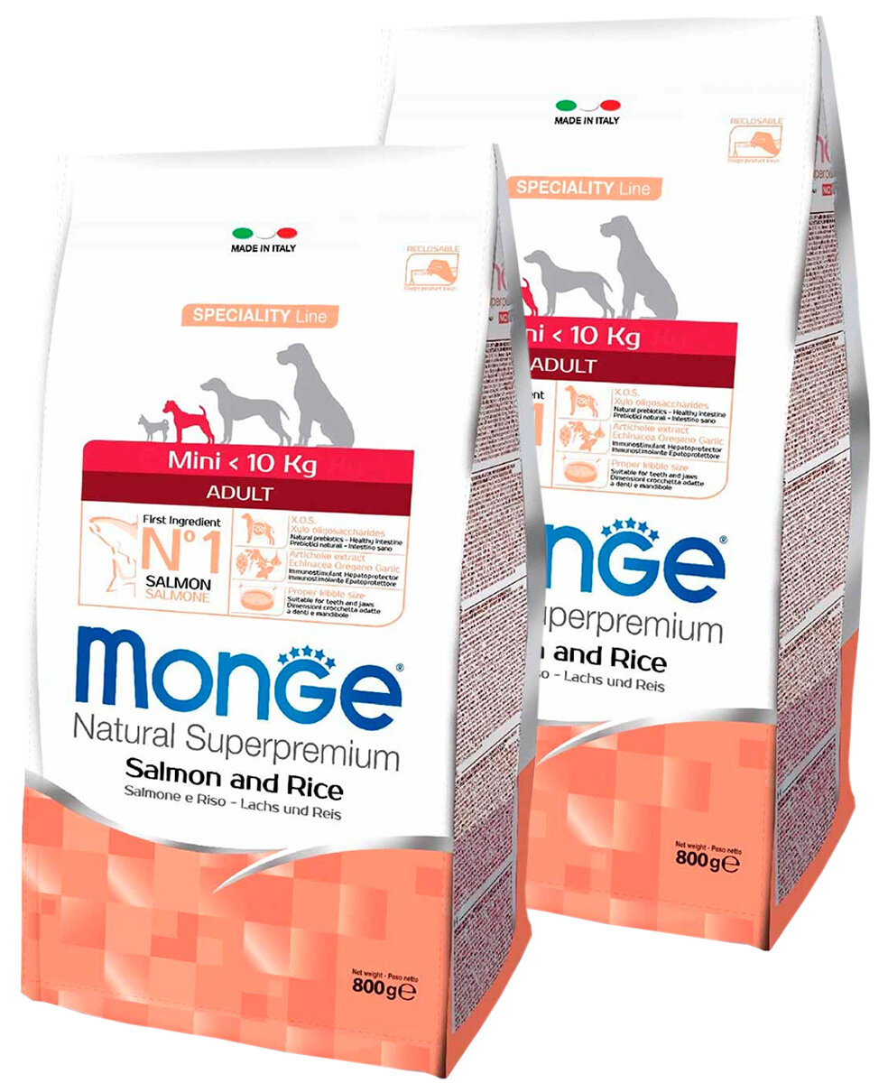 Корм сухой Monge Speciality Dog Mini Adult Salmon для взрослых собак маленьких пород, лосось, рис, 0,8 кг 2 шт