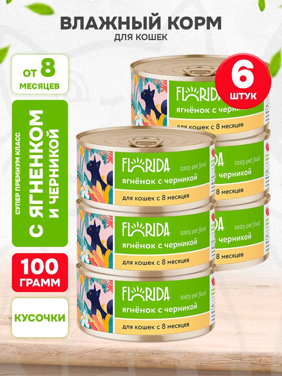 Корм влажный Florida для взрослых кошек, ягненок и черника, 100 г х 6 шт