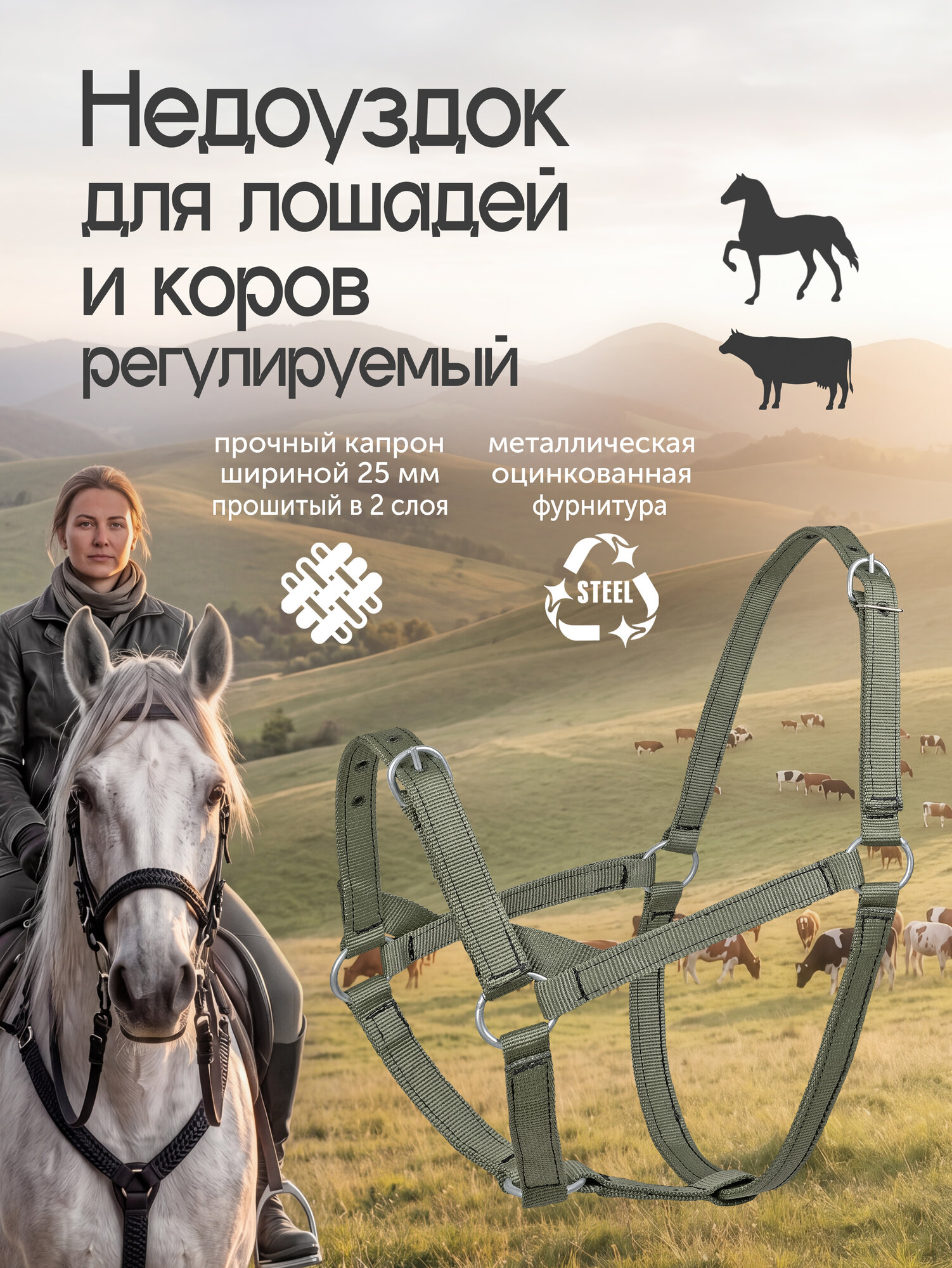 Недоуздок регулируемый для лошадей Reiter, двойной капрон, 25 мм, размер Full