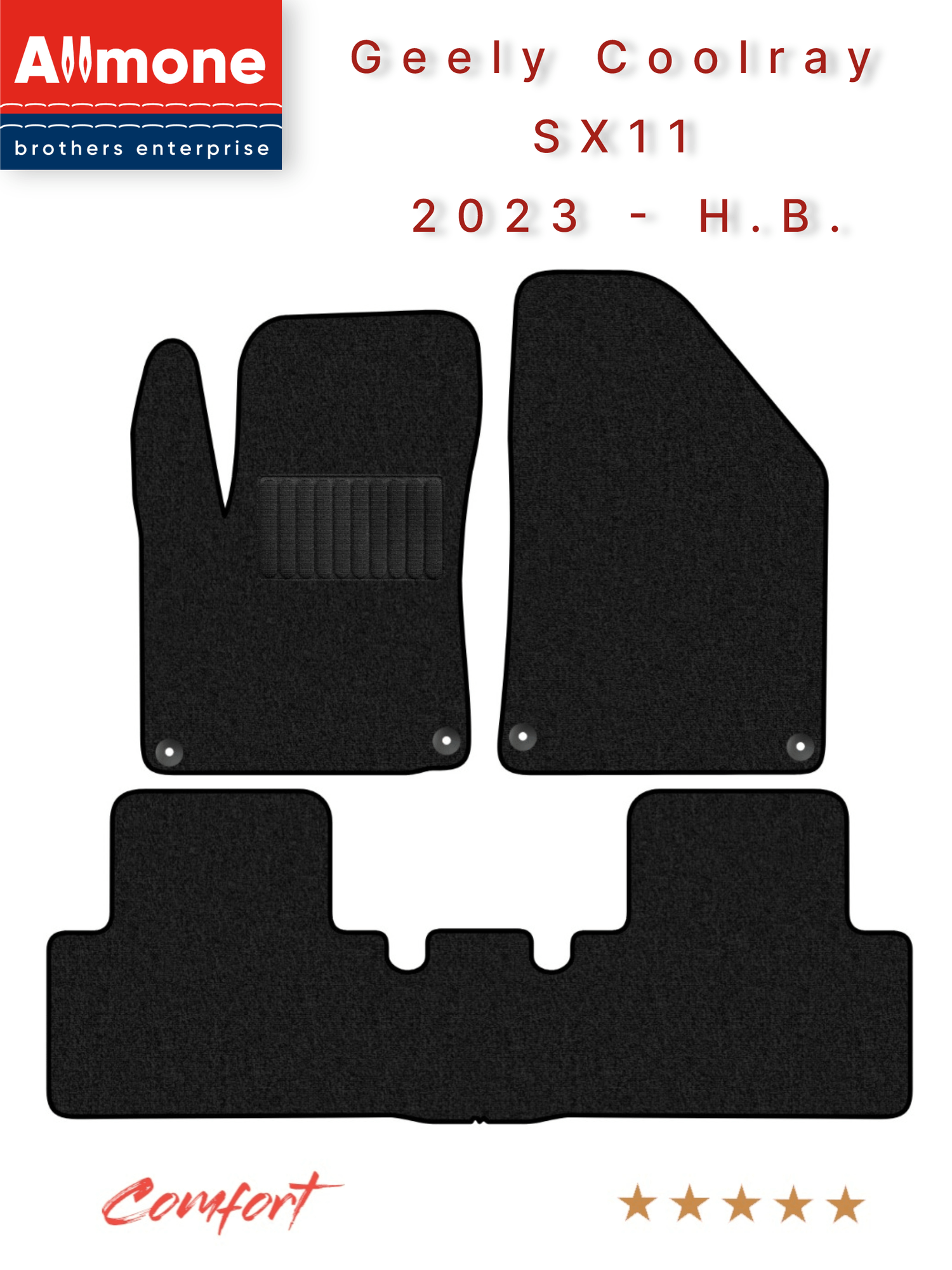 Ворсовые коврики для Geely Coolray SX11 2023 - настоящее время, черные, Allmone, "Комфорт" 3шт / Джили Кулрей