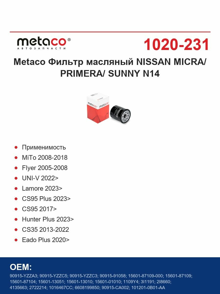 Metaco Фильтр масляный NISSAN MICRA/ PRIMERA/ SUNNY N14