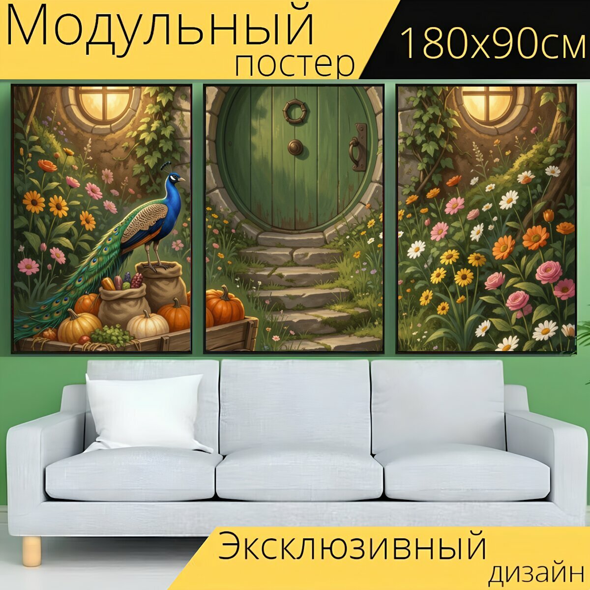 Модульный постер "Сказочный домик в цветущем саду. Уютный круглый вход в сказочный дом, окруженный зеленью, вьюном и яркими полевыми." 180 x 90 см. для интерьера на стену в тубусе