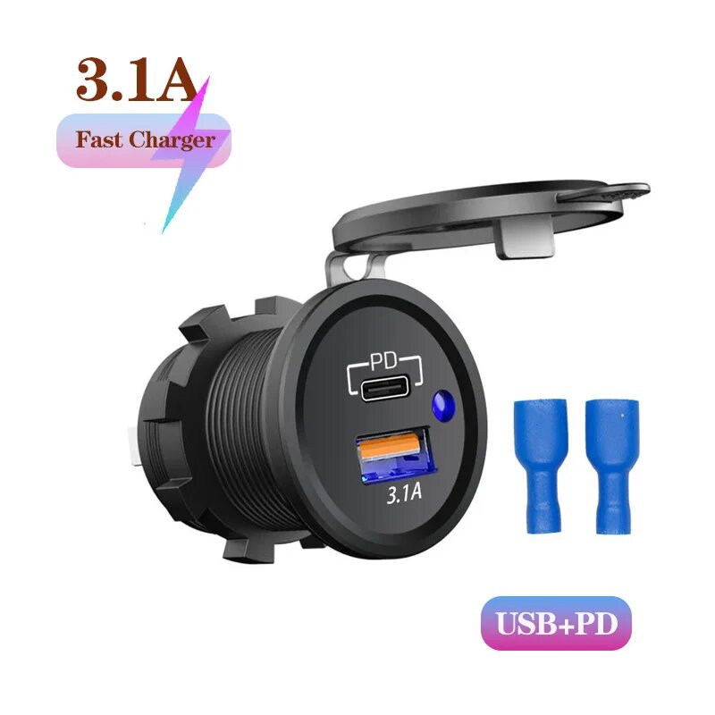 Автомобильное зарядное устройство, двойная розетка Type-C и Dual USB, 4 порта, водонепроницаемая розетка для быстрой зарядки с вольтметром 12 В/24 В для автомобиля, лодки, мотоцикла