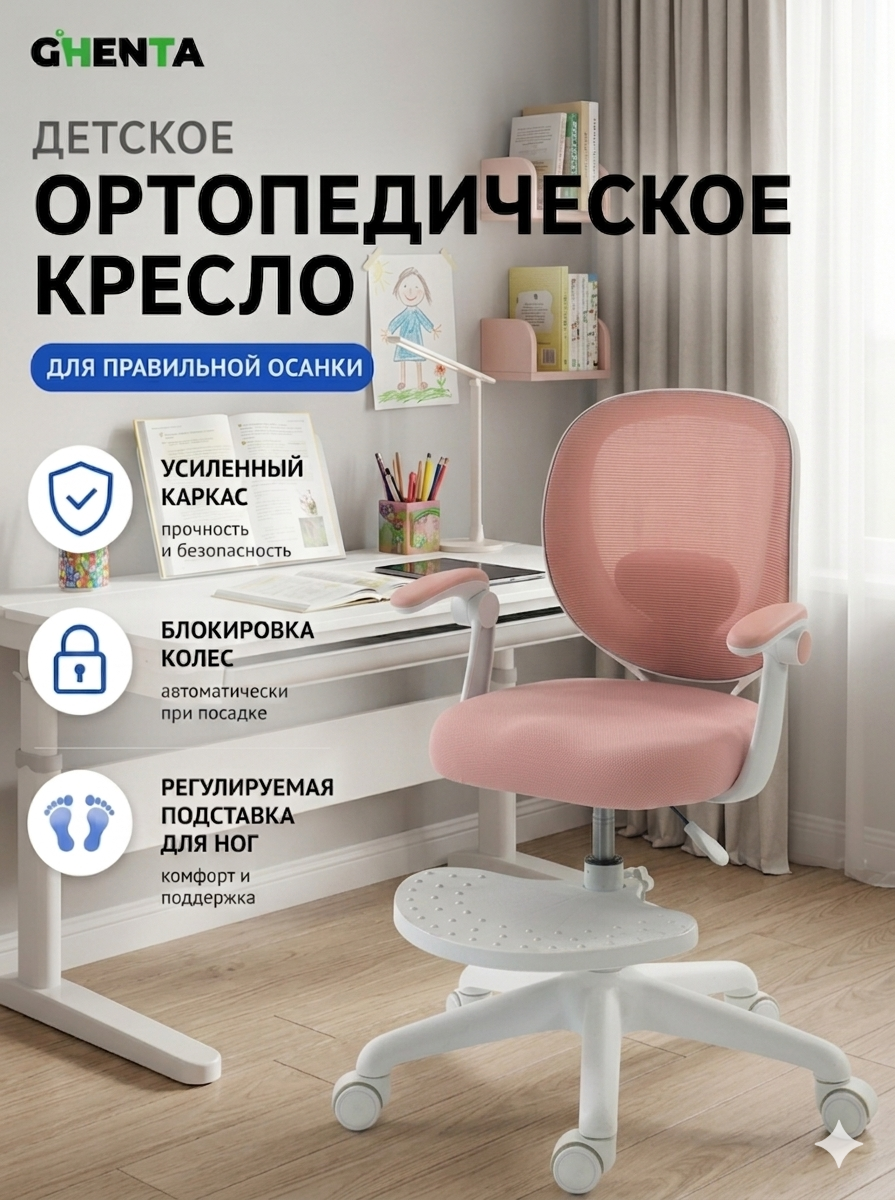 Детское компьютерное кресло для школьника Ghenta, ортопедический растущий стул с подножкой, розовый