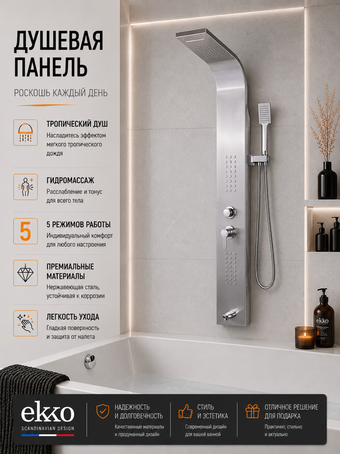 Душевая панель с функцией гидромассажа EKKO MTM9080ST, цвет Сатин, тропический душ
