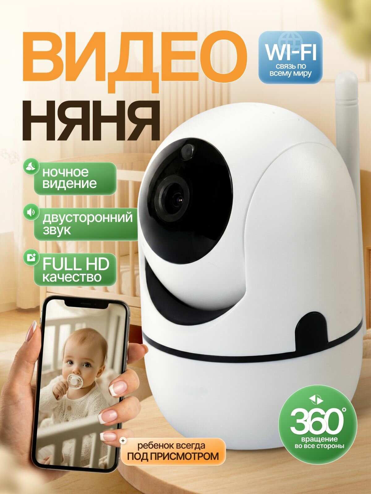 Видеоняня 360 wi-fi , просмотр с телефона full HD.
