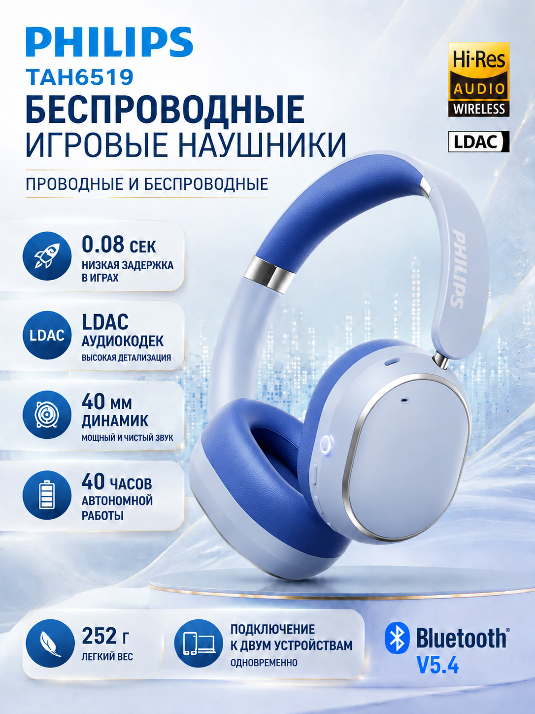 Philips TAH6519 — Беспроводные полноразмерные наушники с LDAC, 40 часов работы