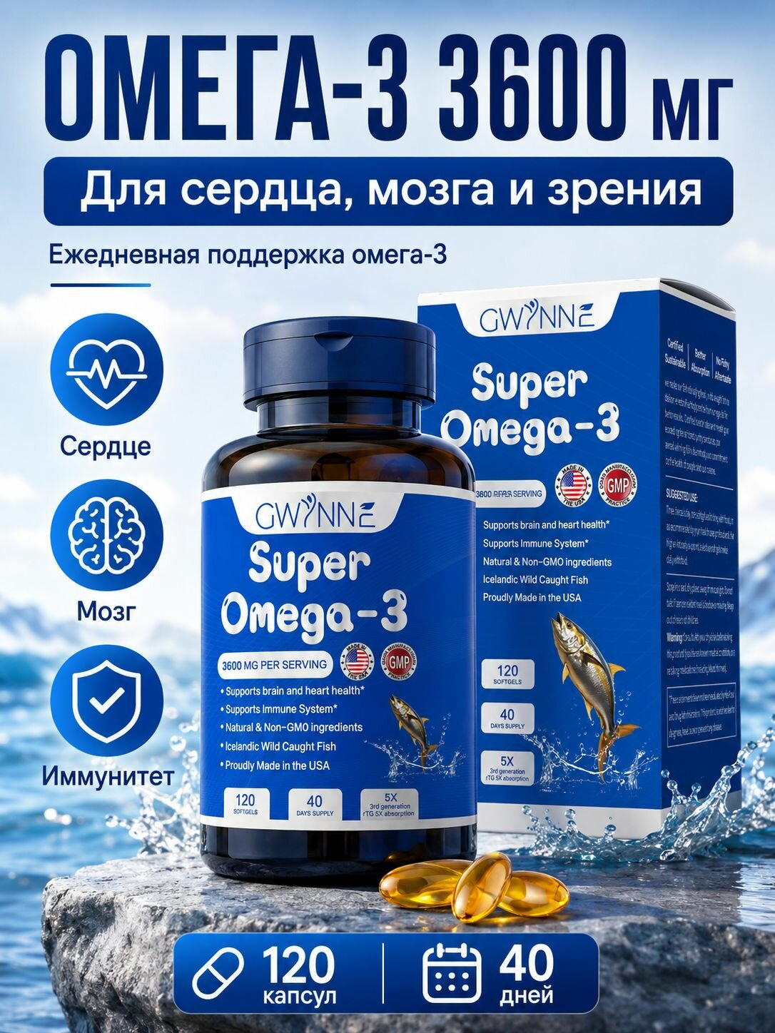 Омега-3 3600 мг GWYNNE Super Omega-3 из дикой рыбы Исландии, высокая концентрация ЭПК и ДГК, форма rTG с 5-кратным усвоением для сердца, мозга и иммунитета, 120 мягких капсул на курс 40 дней