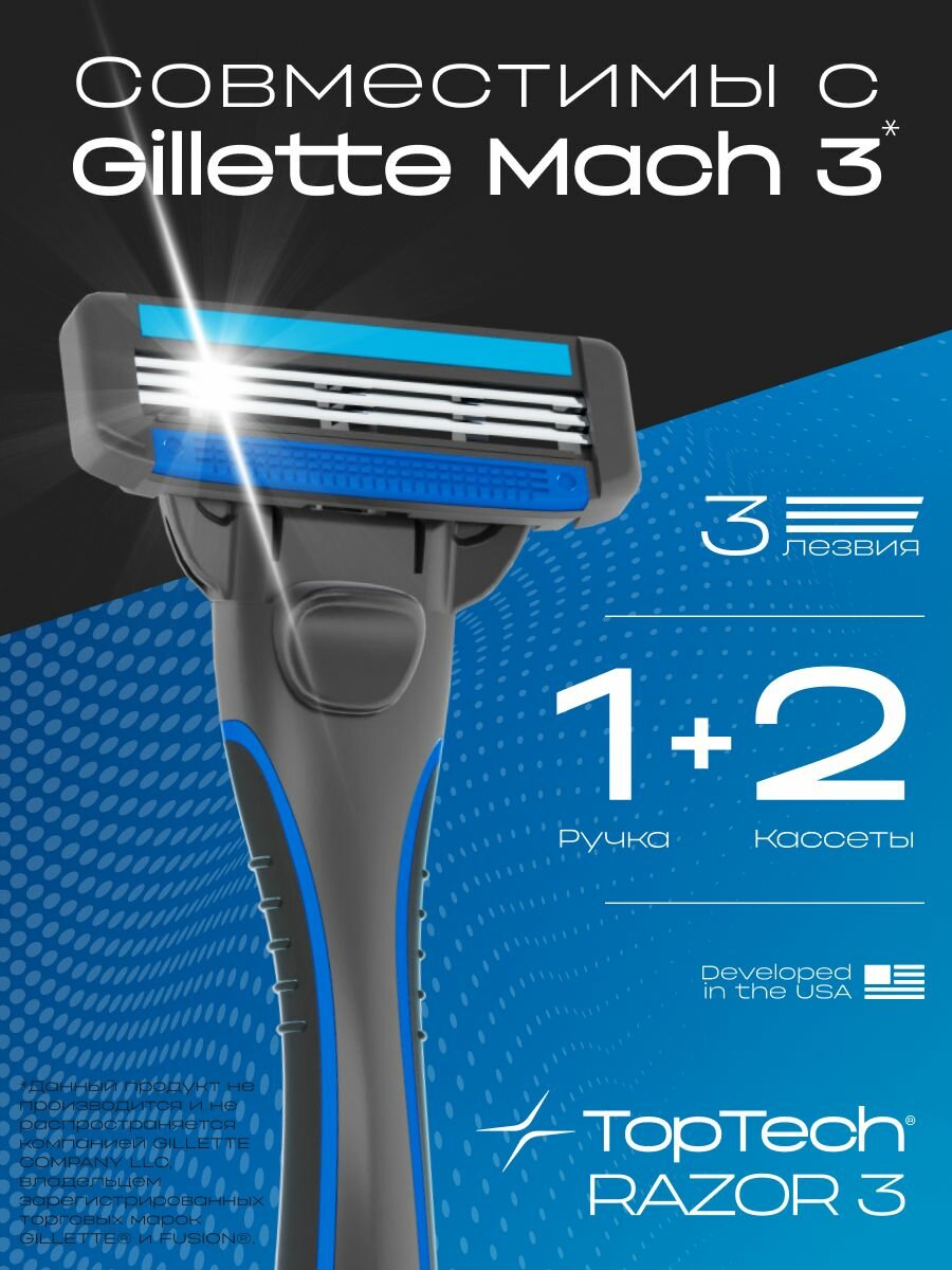 Бритва для мужчин TopTech Razor 3 + сменные кассеты 2 шт, 3 лезвия. Станок для бритья мужской. Идеально совместимы со станками известного бренда.