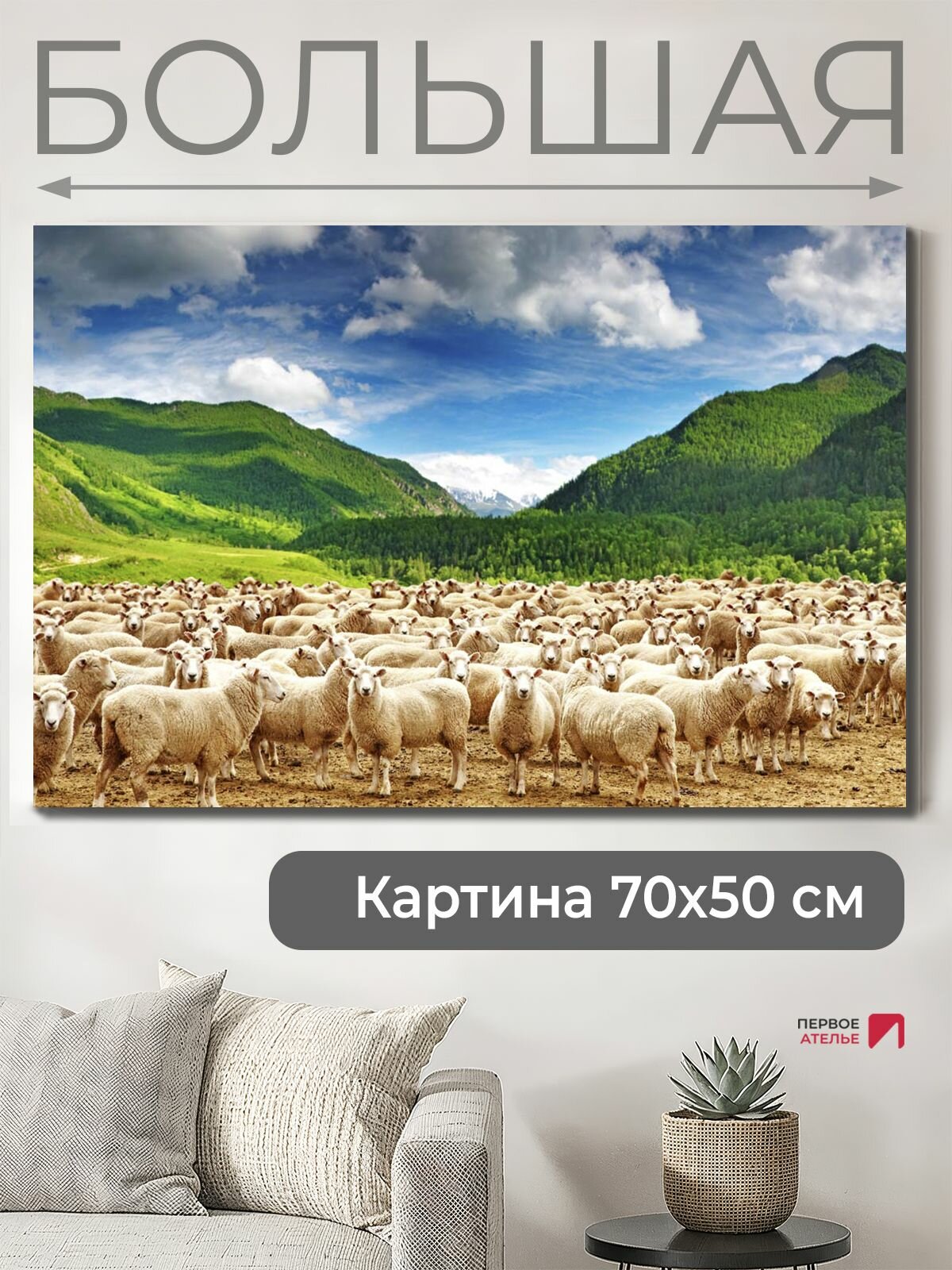 Картина на стену для интерьера большая на холсте "Овечье стадо в горной долине" 70х50 см (ШхВ), картина природа интерьерная от Первое ателье