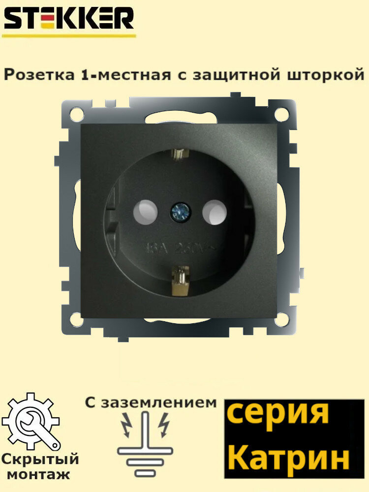 Розетка одноместная с защитной шторкой с заземлением (механизм), 250В, 16А, серия Катрин, графит, GLS16-7110-06 (рамка приобретается отдельно), STEKKER 49423