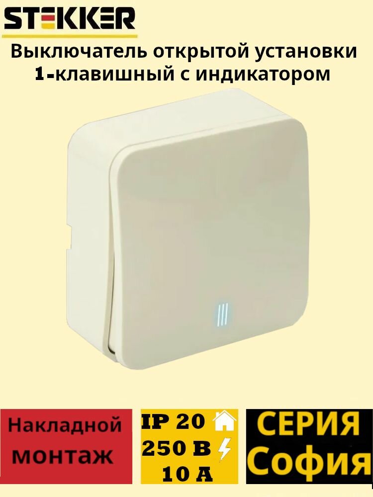 Выключатель открытой установки одноклавишный с индикатором, 250В, 10А, IP20, серия София, слоновая кость, MSW10-11-20-04, STEKKER 49472