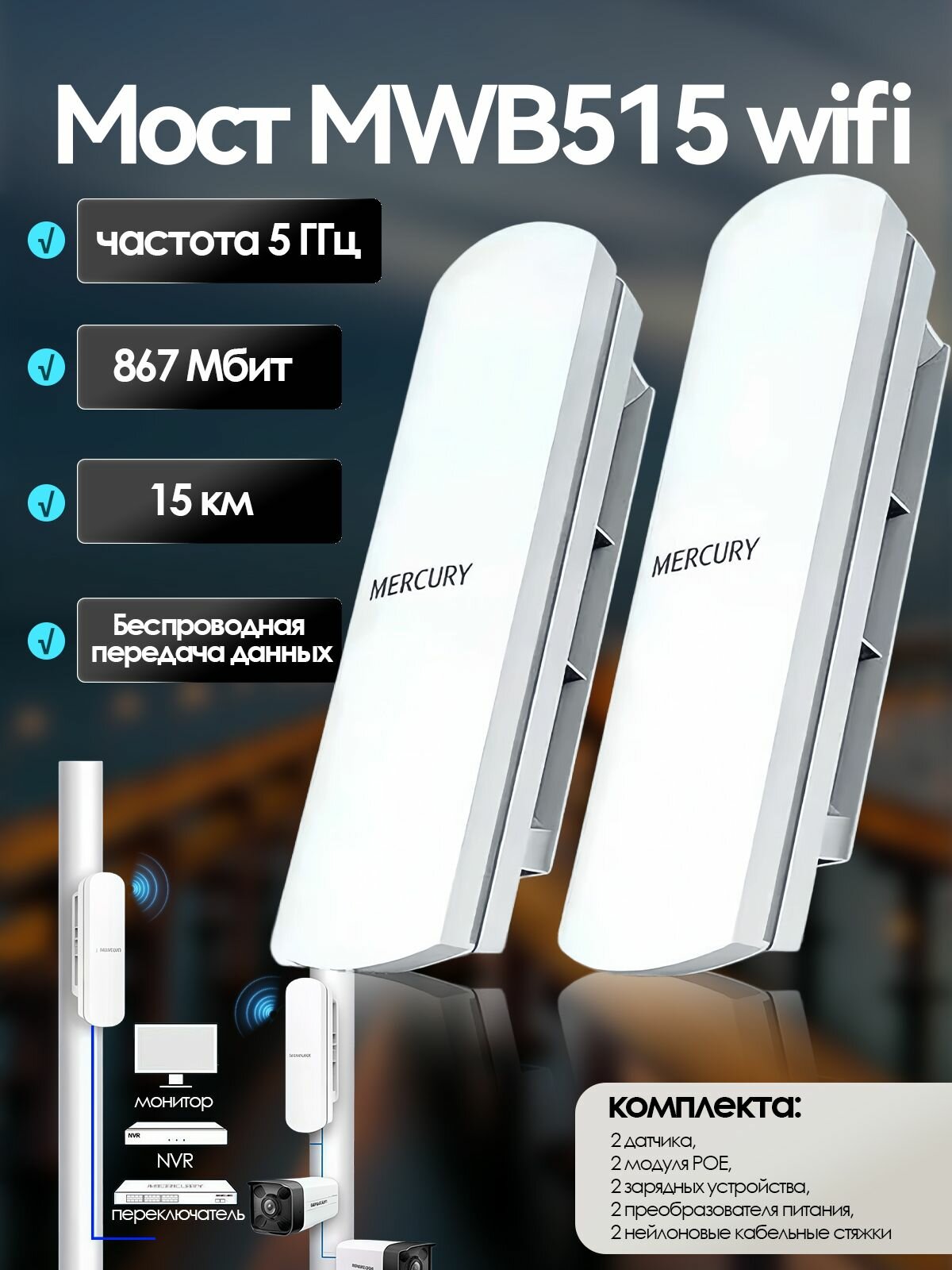Мост MWB515wifi, частота 5 ГГц, скорость передачи данных до 15 км/867 Мбит/с на расстоянии 15 километров, беспроводная т