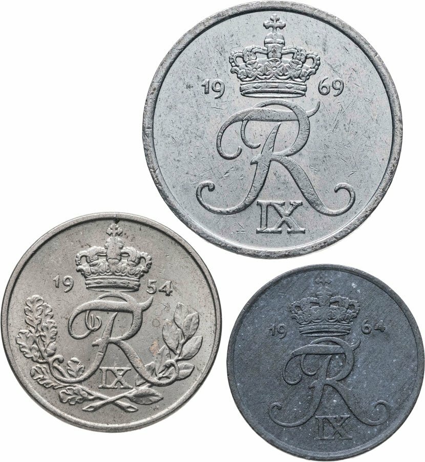 Дания набор монет для обращения 1947-1972 3 шт , Цинк, Мельхиор, в сохранности VF-XF
