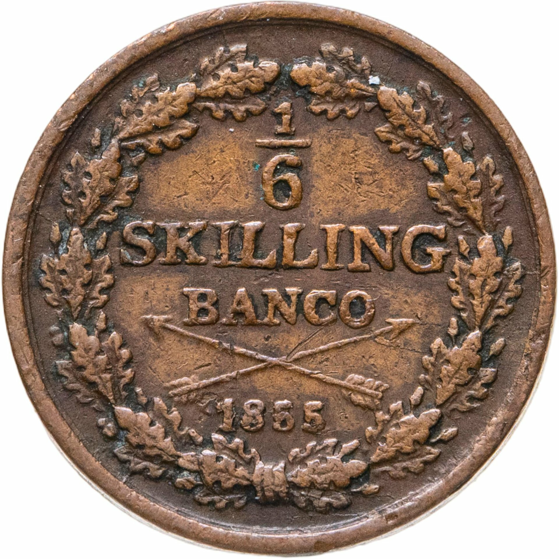 Швеция 1/6 скиллинга банко skilling banco 1855, Медь, в сохранности VF-XF