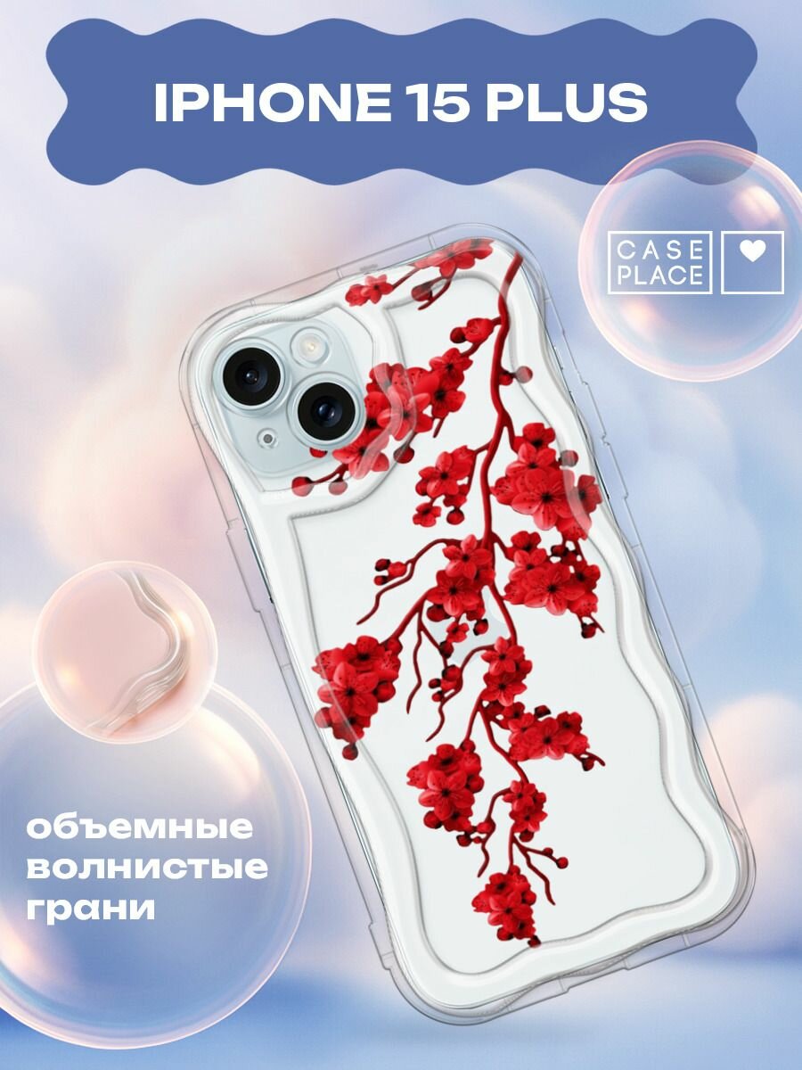 Чехол на Apple iPhone 15 Plus / Айфон 15 Плюс с принтом Красная веточка сакуры