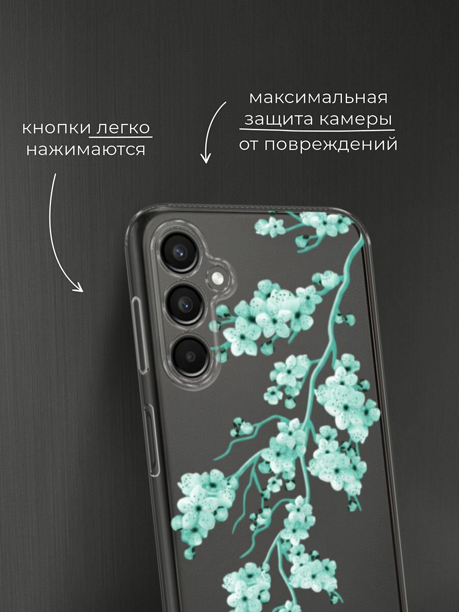 Силиконовый чехол на Samsung Galaxy A24 / Самсунг Галакси A24 с принтом Бирюзовая веточка сакуры — фото 1