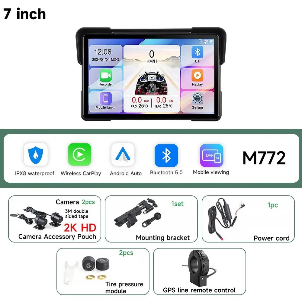 Мотоциклетный GPS-навигатор 7" 2K HD, CarPlay, Android Auto, Bluetooth 5.0, IP67, M772-TM