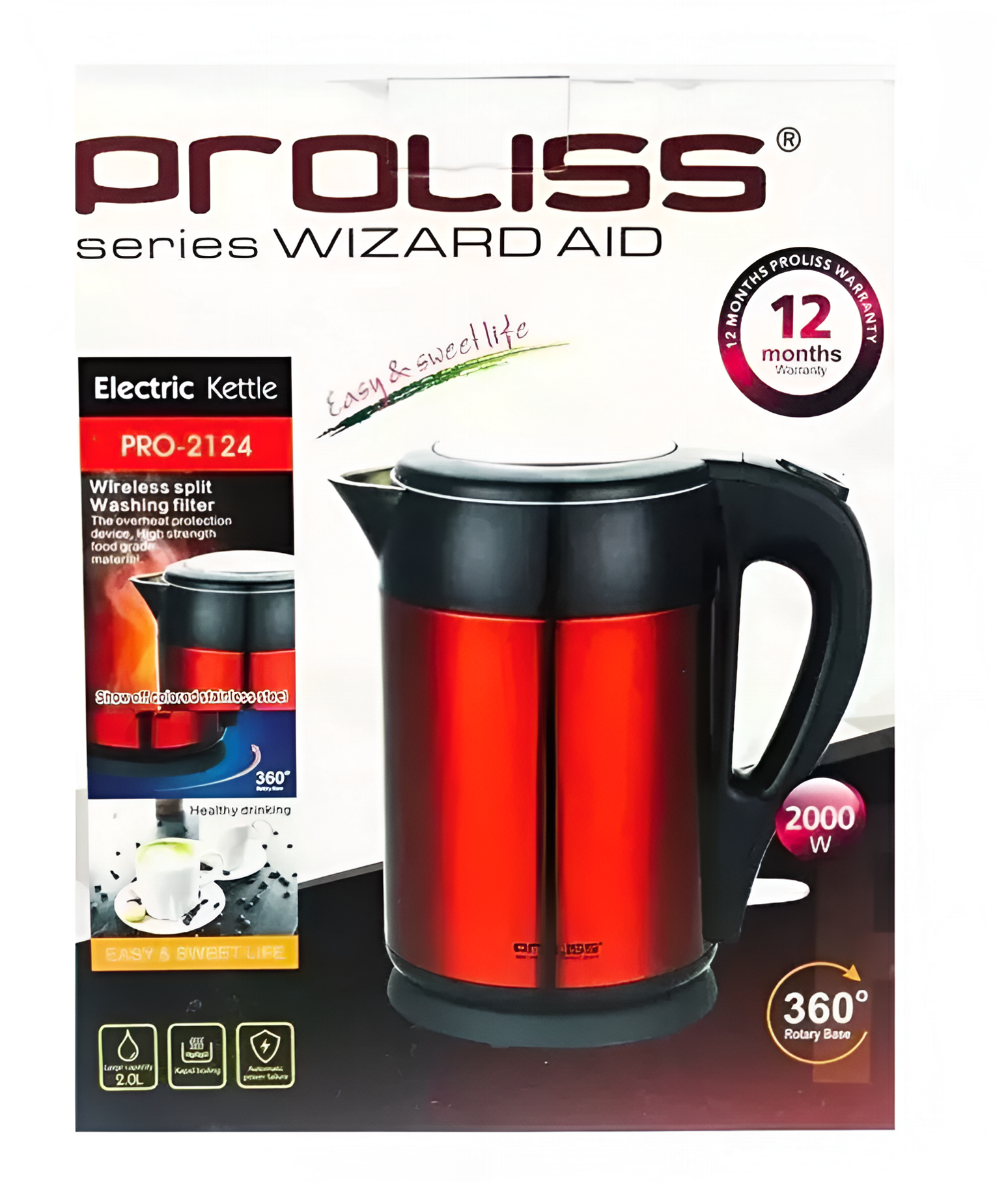 Чайник PROLISS PRO-2124, 2000Вт, двойные стенки, вращение 360°, 2 л , красный