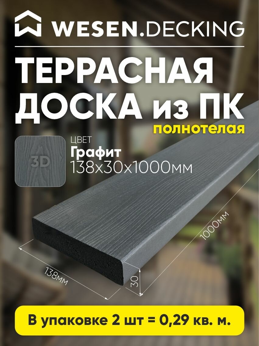 Террасная доска полимерная 138х30х1000 мм, Графит, 2 шт