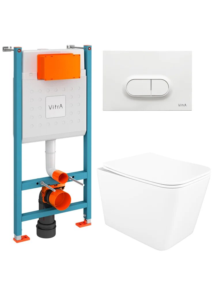 Комплект 5 в 1: Инсталляция VitrA Ви-Фикс Кор (V-Fix Core) 732-5800-01 / Унитаз подвесной STWORKI Молде S23401WH / Сиденье с микролифтом, Кнопка Луп О (Loop O) 740-0500, белый глянец, Комплект креплений