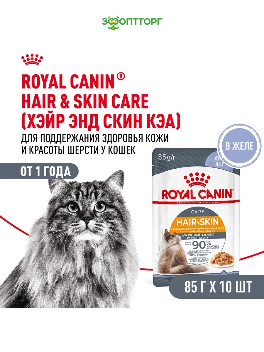 Влажный корм Royal Canin Hair & Skin Care пауч для поддержания здоровья кожи и шерсти кошек (кусочки в желе) Птица, 85 г х 10 шт.