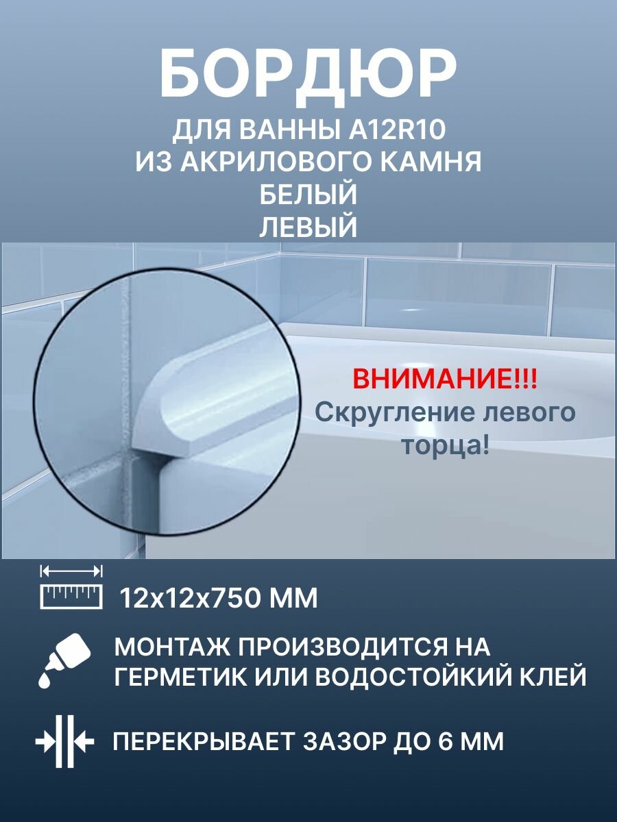 Бордюр акриловый универсальный профиль Волшебная палочка А12 R10 750*12*12 мм Белый Глянец 20% левый