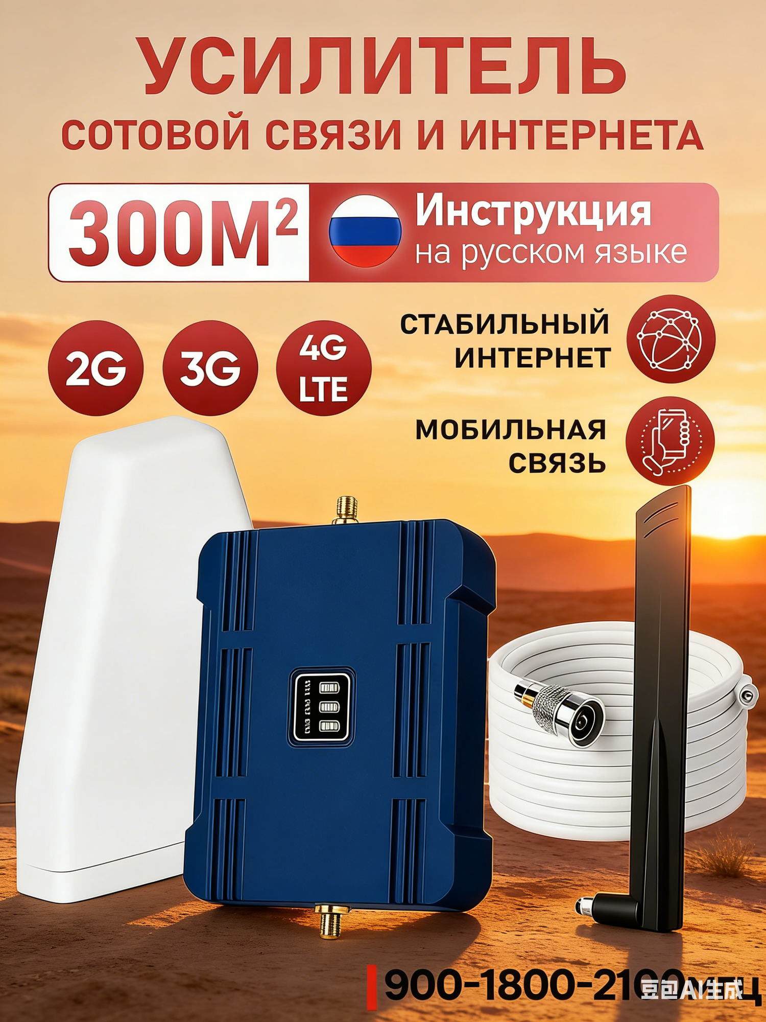 Усилитель сотовой связи 900/1800/2100 МГц (2G/3G/4G): до 70 км, направленный, синий, 1.3 кг