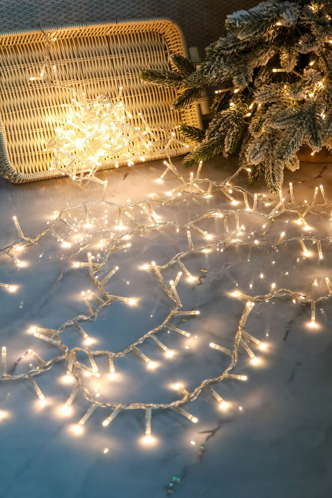 Светодиодная гирлянда нить Люминео "Змейка" (Lumineo Snake) 7.5 м, 350 теплых белых LED ламп, прозрачный ПВХ, диммер, таймер, IP44, Кэминг (Kaemingk) 495335