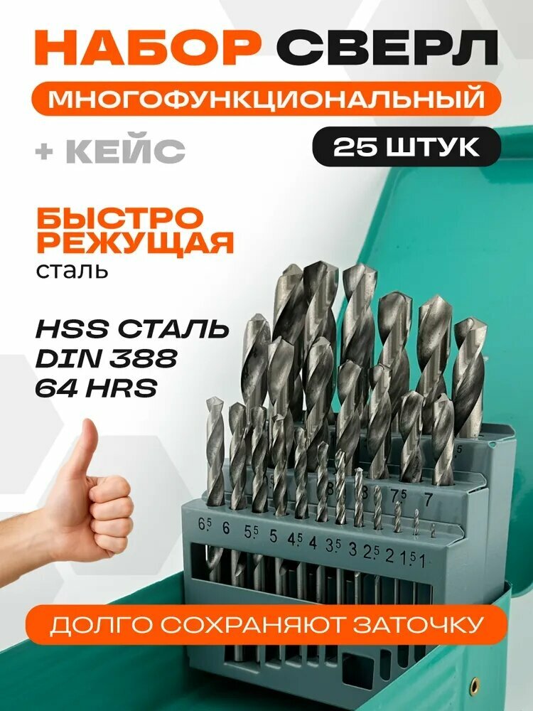 Набор сверл по металлу для шуруповерта - 25 предметов в бирюзовом кейсе, HSS высокоуглеродистая сталь, длина 80 мм, идеально для сверления металла