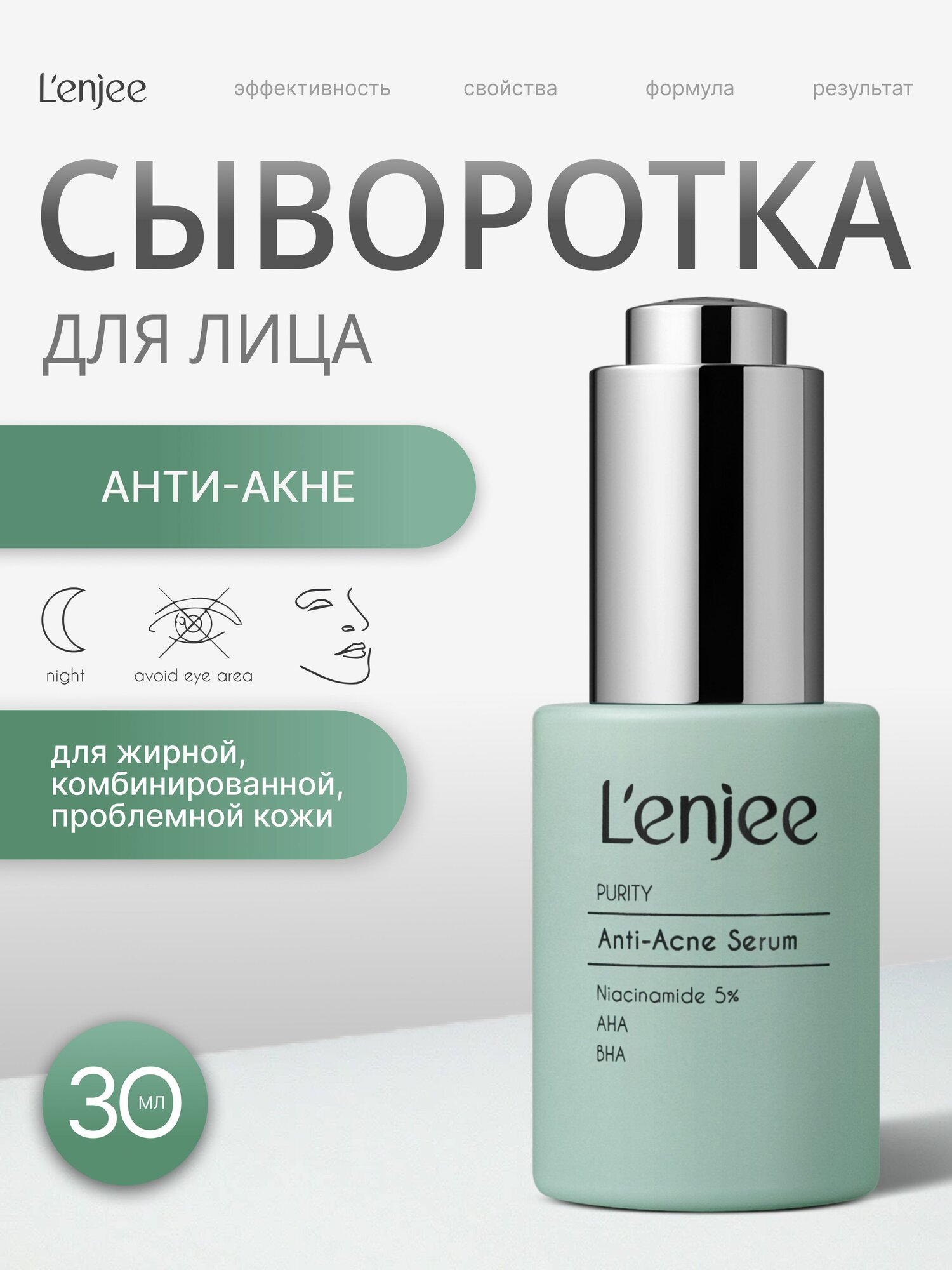 Сыворотка Lenjee для проблемной кожи лица с ниацинамидом ANTI-ACNE SERUM 30 мл, Турция
