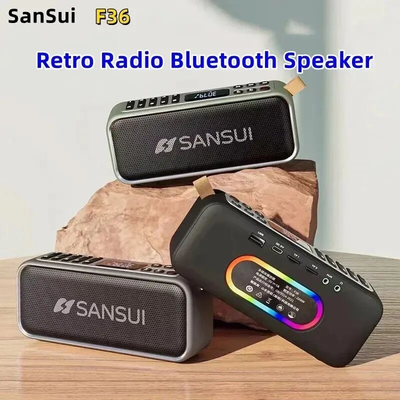 Портативная колонка Sansui F36 с TWS, мощным басом, Bluetooth, цветомузыкой, FM-радио, поддержкой карт памяти, записью голоса и диктофоном