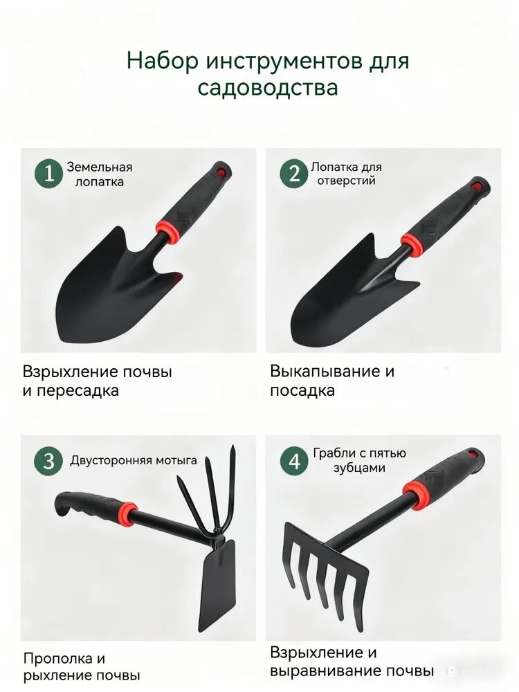 Набор садовых инструментов, 4 шт, Нержавеющая сталь, Каучук, Черный матовый — фото 1