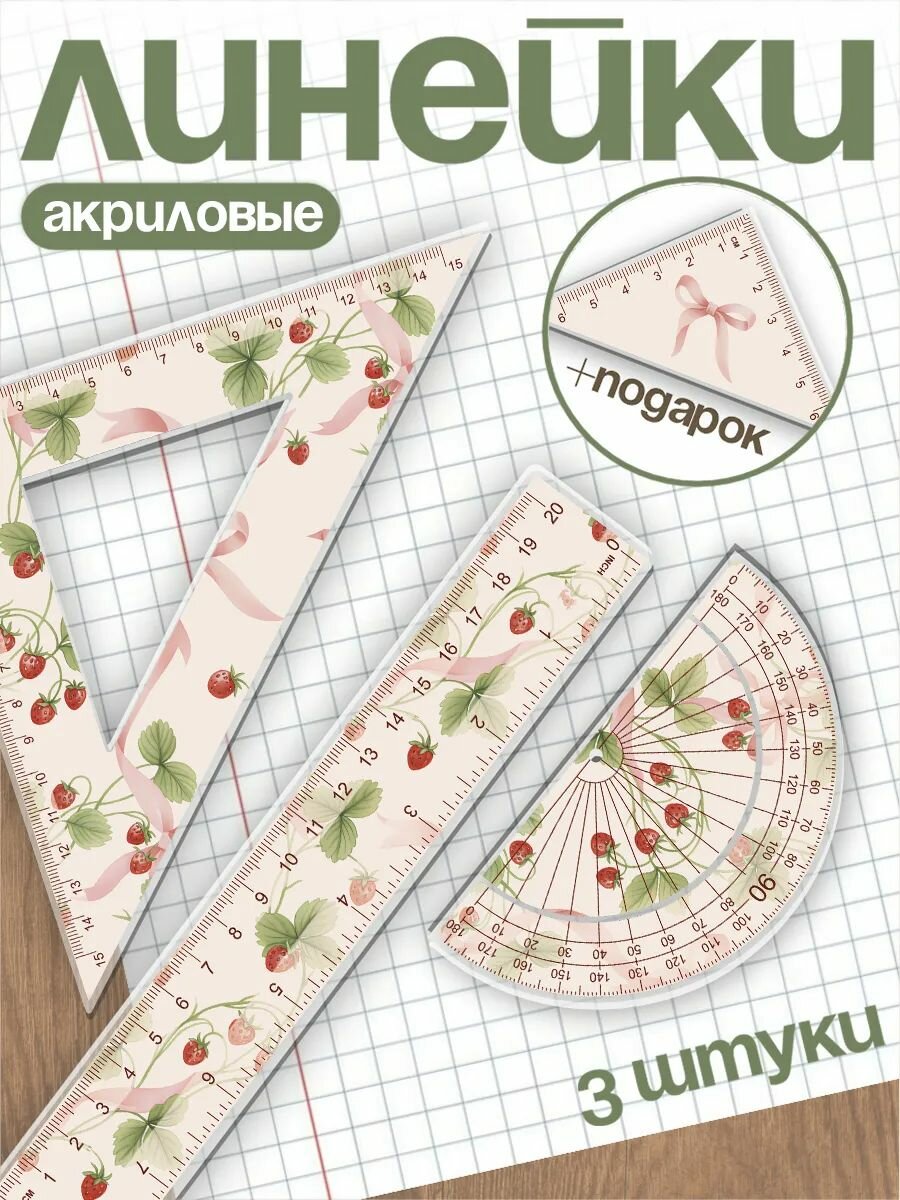 Канцелярия для школы набор линеек Cutecore Земляника