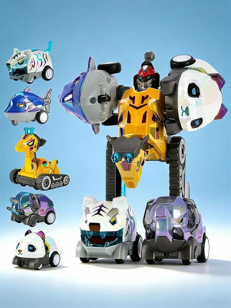 Игрушки STEM для детей 3-10 лет / 5 в 1 сплавные роботы-животные, трансформеры и автомобиль с откатом, легко собираемые (вкл. акула)