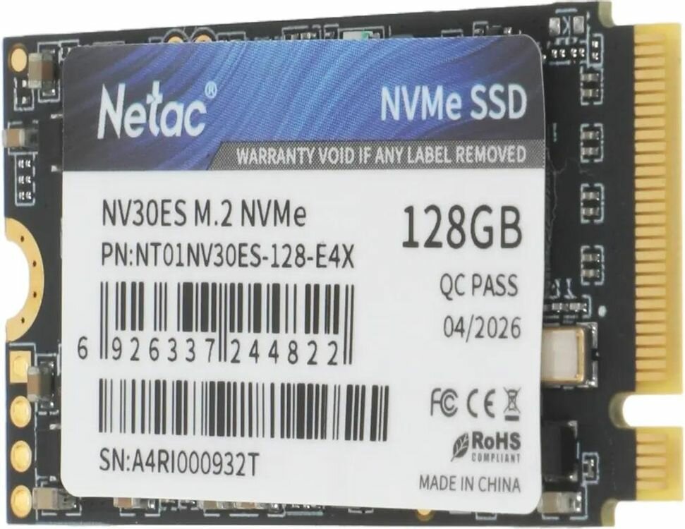 Твердотельный накопитель SSD M.2 2242 Netac 128Gb NV30ES Series (PCI-E 3x4, up to 1600/1300MBs, 3D NAND, 75TBW, NVMe, 22х42mm)