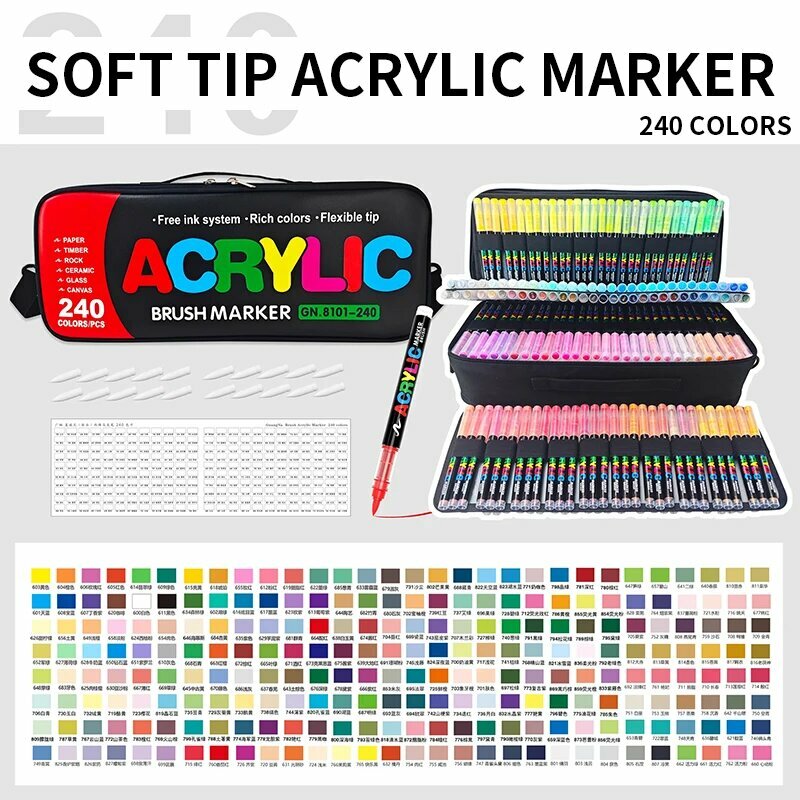 Набор маркеров из жидкого акрила Direct Liquid Acrylic Marker 240 цветов. Маркеры с акриловой краской, кистевый наконечник. Краска для рисования на камнях, подарок для фестивалей, ручные творческие ручки DIY.
