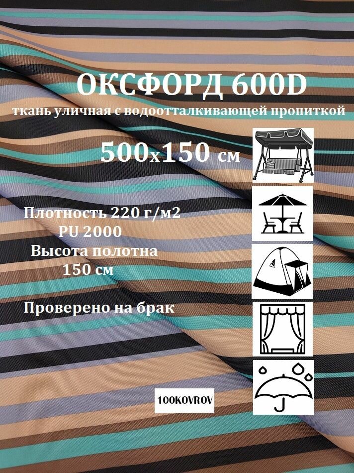 Ткань уличная, водоотталкивающая 100KOVROV оксфорд 600D PRINT полоса азур Отрез 500х150 см