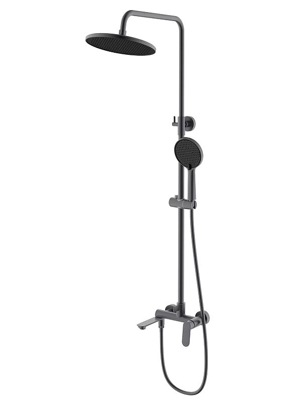 Душевая стойка AZARIO Alanti AZ-K2332GR со смесителем, черная, серая, матовая, душевая система с тропическим душем, с изливом, с лейкой, латунная, рычаг сбоку