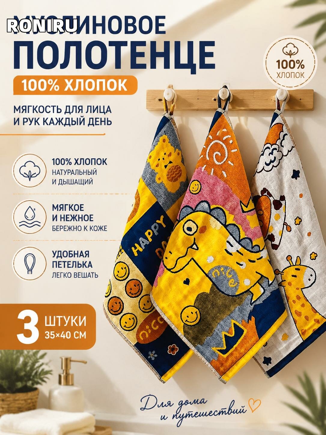 Муслиновое полотенце из хлопка — мягкое для лица и рук с удобной петлей и ярким дизайном, для ванной и путешествий