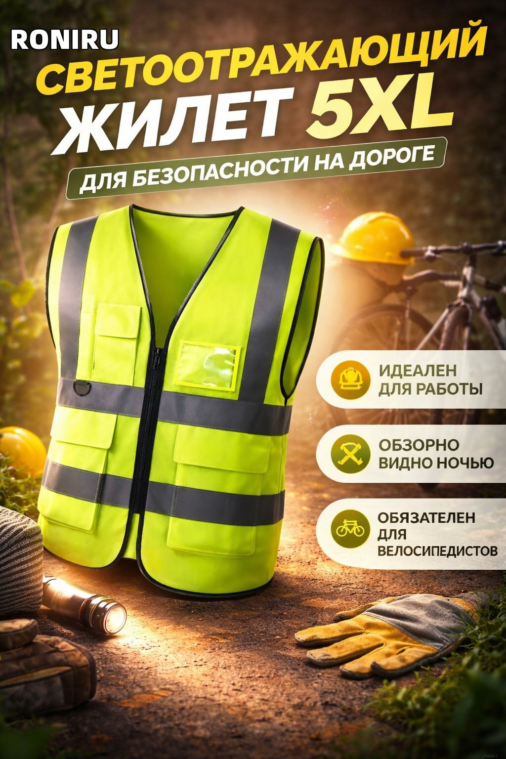 Светоотражающий жилет 5XL для безопасности на дороге — пешеходам, велосипедистам и работникам, с застежками на ночь